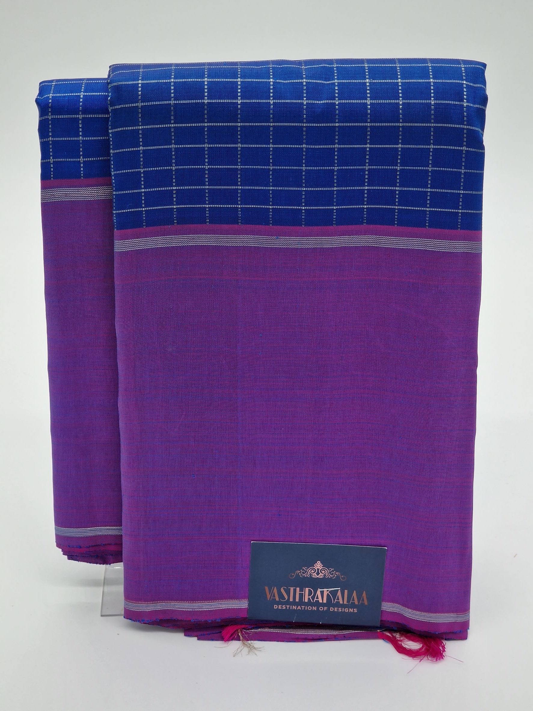 Handwoven Royal Blue and Lavender Kanchipuram silk saree in check patt ...